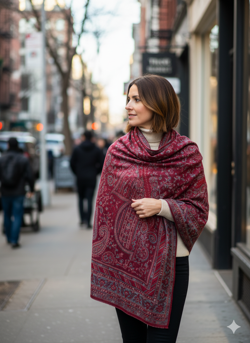 Jamawar Shawl in Rich Red with Traditional Weave